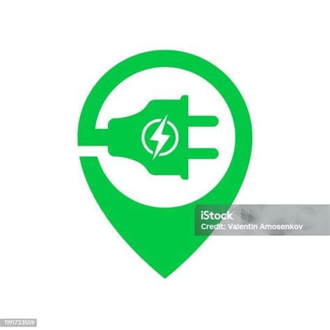 위치 지점 기호 내부에 플러그 아이콘이있는 전기 자동차 충전기 스테이션용 로고 녹색 충전 포인트 로고 타입 벡터 그림입니다 Eps 10 전기 자동차 대체 연료 자동차에 대한