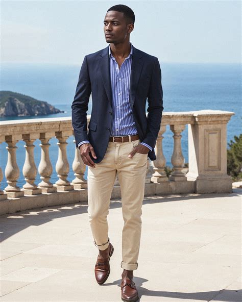 Blazer Azul Marino Con Camisa A Rayas Y Pantalón Beige