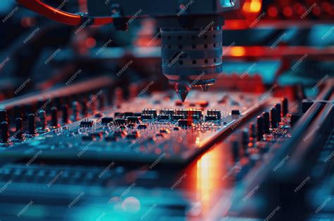 Premium Photo Fast Component Installation On Circuit Boards In Dark Manufacturing Environment
