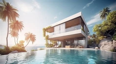 منزل اصطناعي مع حوض سباحة بالقرب من الشاطئ 3d واقعية التصميم الخارجي عرض المحيط مع تصميم فاخر