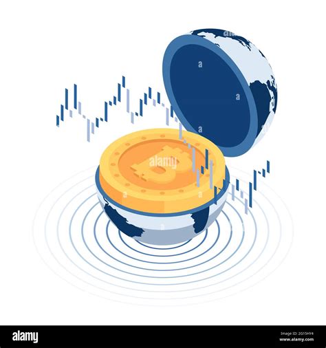 Flat 3d Isometric Bitcoin Inside The World Globe With Stock Market