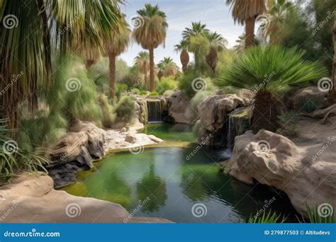 Desert Oasis With Waterfalls And Lush Greenery On Otherwise Arid