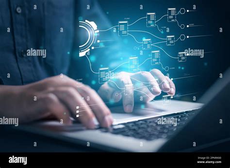 business analysis multi node processing icon technology with laptop