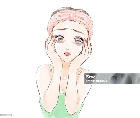 하얀 배경의 붉은 색 감염된 여드름 눈 밑의 다크서클에 절망하며 울고 있는 아름다운 사춘기 여성의 상체를 그린 컬러 만화 삽화