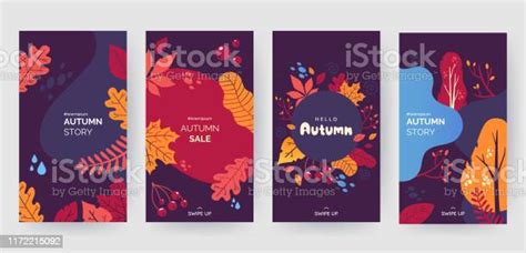 소셜 미디어 이야기에 대한 추상적 인 가을 배경의 집합입니다 단풍과 노란 단풍이 있는 다채로운 현수막 이벤트 초대 할인 바우처