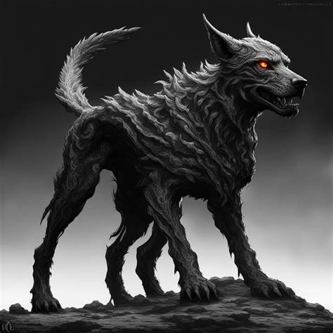 Dark Portrait Hellhound Quadruped Made Of Lava Breathing Fire