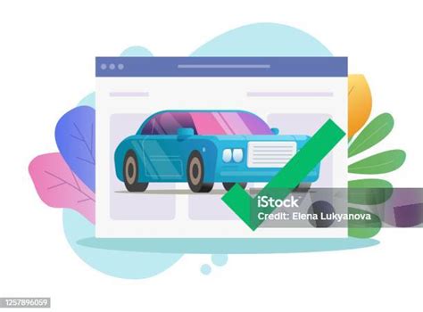 차량 온라인 진단 모니터링 보안 검사 웹 사이트 또는 인터넷 자동차 자동차 검증 유효한 디지털 안전 벡터 평면 일러스트 자동차 임대 또는 텍스트 구매 검토 개념에 대한 스톡