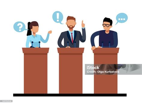 대통령 후보들은 지지자들에게 연설하고 정치 토론회를 개최합니다 파티 리더 토크 트리뷴에 서 있는 남자와 여자 정부 선거 만화