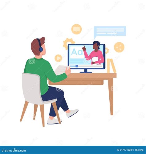 Hombre En Auriculares Escuchar Audio Curso Color Plano Vector Carácter