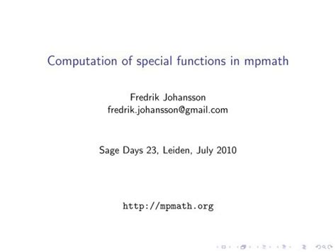 Computation Of Special Functions In Mpmath