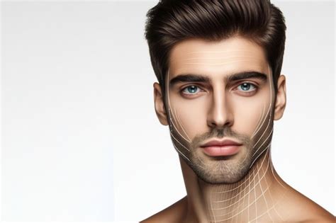 Premium Photo Man Portrait With Graphic Lines Showing Facial Lifting Effect On Skin On A White