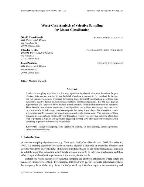 Pdf Worst Case Analysis Of Selective Sampling For Linear Classification