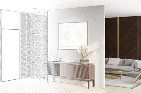 스케치는 연석 위에 수평 포스터 문 어두운 나무 벽 패널 장식 파티션 배경에 커피 테이블이있는 소파가있는 진정한 고급스러운 거실이됩니다 칸막이에 대한 스톡 사진 및 기타