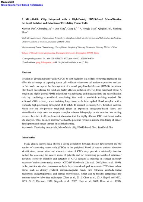 Pdf A Microfluidic Chip Integrated With A High Density Pdms Based Microfiltration Membrane For
