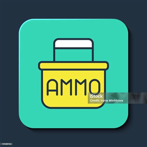 파란색 배경에 분리된 탄약 총알 아이콘이 있는 채워진 윤곽선 군용 탄약 상자 청록색 사각형 버튼 벡터 가득 찬에 대한 스톡 벡터 아트 및 기타 이미지 Istock