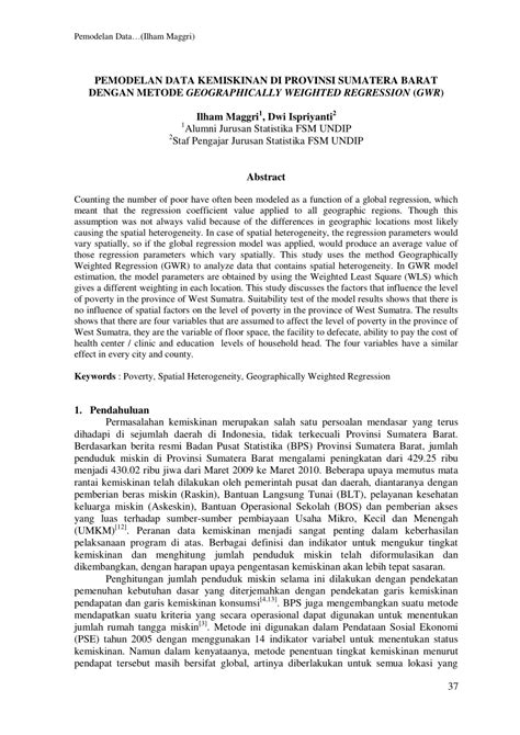 Pdf Pemodelan Data Kemiskinan Di Provinsi Sumatera Barat Dengan Metode Geographically Weighted