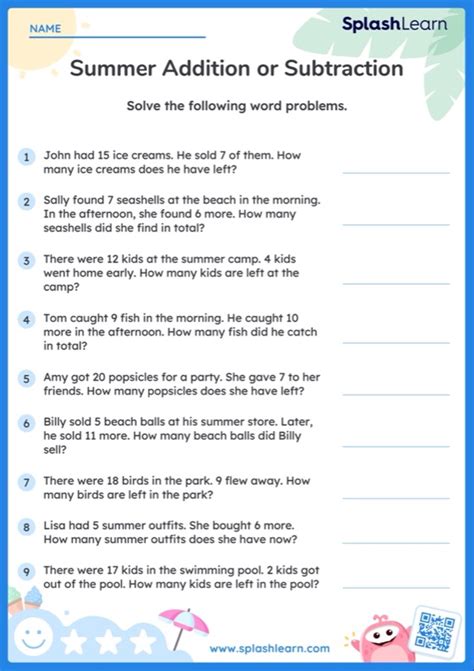 Add Or Subtract Within 20 Summer Word Problems — Printable Math Worksheets Library
