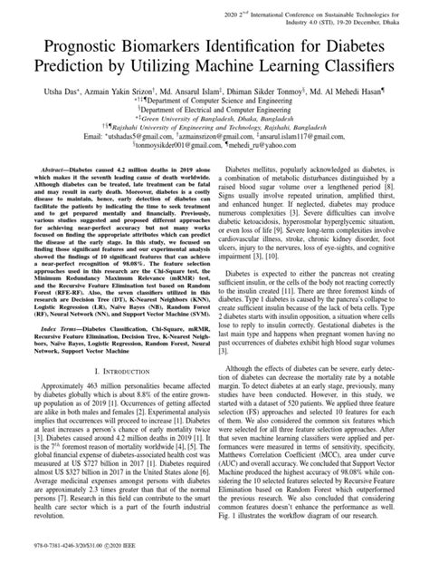 Prognostic Biomarkers Identification For Diabetes Prediction By Utilizing Machine Learning