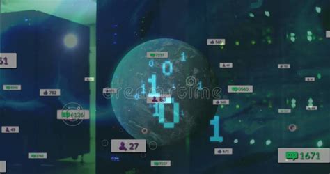 animation of social media icons and binary coding against spinning