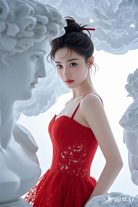 美丽的模特，女神，红色礼服，大眼睛女神，甜美，唯美意境，高级感，面部细节完美，人物细节精致，清透流体，奇幻的光影，细腻的光泽，磨砂质感，明亮浅色的背景，维纳斯石膏像，冷色光照，高度细节，白色高