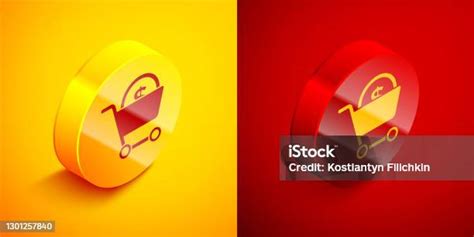 주황색과 빨간색 배경에 격리 된 등색 쇼핑 카트와 달러 기호 아이콘 온라인 구매 개념 배달 서비스 슈퍼마켓 바구니 서클 버튼입니다 벡터 3차원 형태에 대한 스톡 벡터 아트