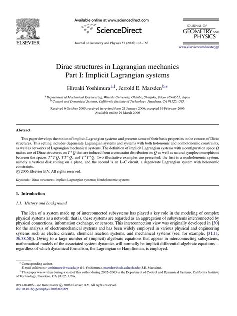 2006 - Yoshimura, Marsden - Dirac Structures in Lagrangian Mechanics Part I Implicit Lagrangian ...