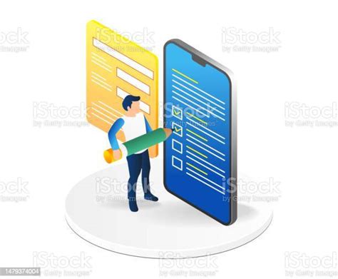아이소메트릭 온라인 설문조사 스마트 폰 화면의 온라인 설문 조사 양식 온라인 설문지 양식 3d 벡터 그림입니다 3차원 형태에 대한 스톡 벡터 아트 및 기타 이미지 Istock