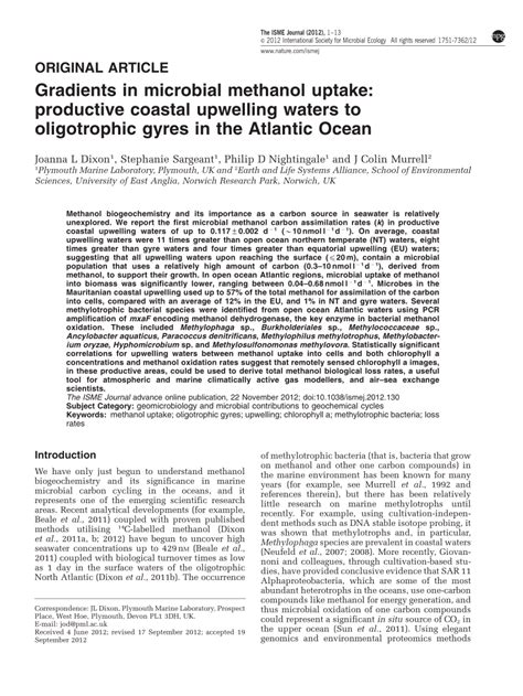Pdf Gradients In Microbial Methanol Uptake Productive Coastal Upwelling Waters To