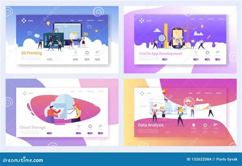 Modern Technology Landing Page Template Set Business People Characters Mobile App Development