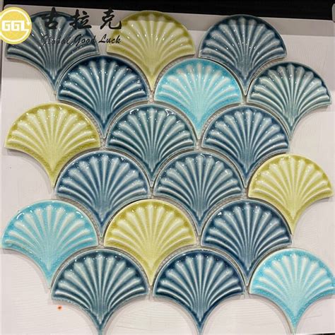 Fan Shape Ceramic Mosaic Tile Shell Design Blue Yellow Mosaic Tile Ceramic Mosaic Tiles