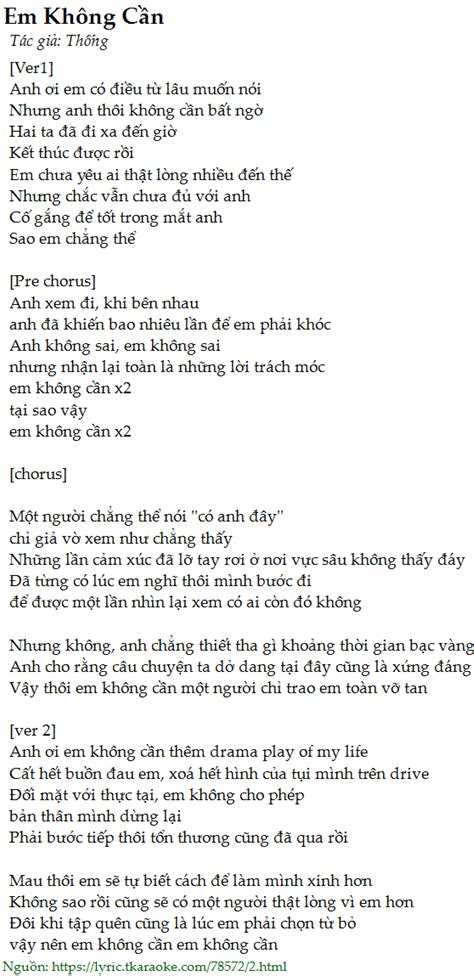 Lời Bài Hát Em Không Cần Thống Có Nhạc Nghe