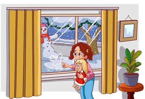 Premium Vector Its Snowing Outside And The Girl Looking Out The Window Plays With Her Doll