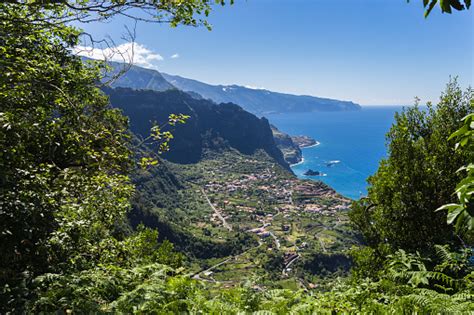 포르투갈 산타나 마데이라 섬의 녹색 여포를 통해 카바나관점에서 아르코 데 상 호르헤마을의 전망 0명에 대한 스톡 사진 및 기타 이미지 Istock