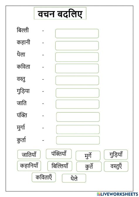 वचन Interactive Exercise Hindi Worksheets Learn Hindi Worksheets