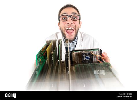 Nerd Engineer Posing With Computer Components Isolated In A White
