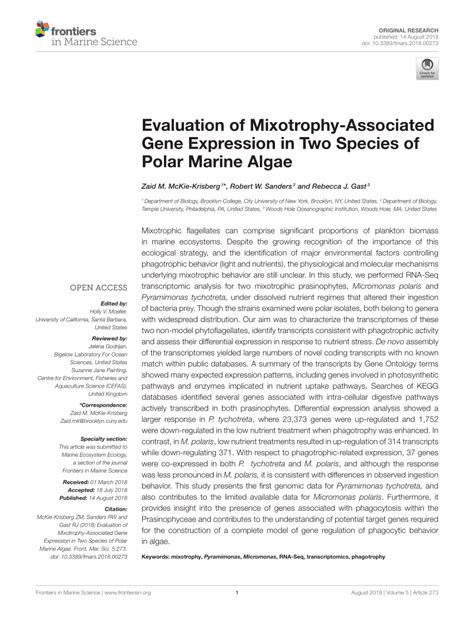 Pdf Evaluation Of Mixotrophy Associated Gene Expression In Two