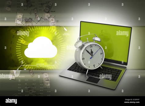 Laptop With Alarm Clock Stock Photo Alamy
