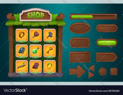 Wood Game Shop Ui Interface With Button Frame Vector Image