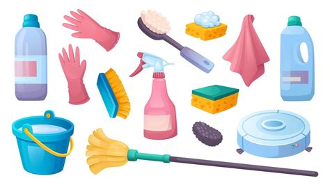 Cleaning Supplies Set In Flat Cartoon Design Collection Isolated