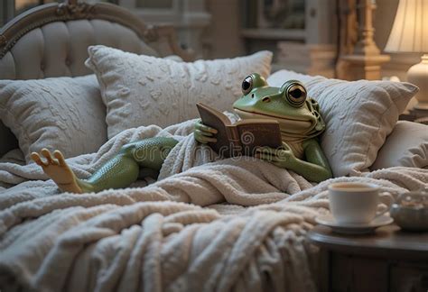 Cute Frog Reading In Bed Cozy Home Scene Generative Ai Stock Illustration Illustration Of
