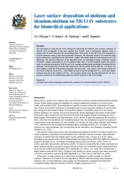 Pdf Laser Surface Deposition Of Niobium And Titanium Niobium On Ti6a14v Substrates For