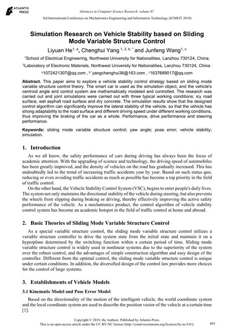 PDF Simulation Research On Vehicle Stability Based On Sliding Mode Variable Structure Control