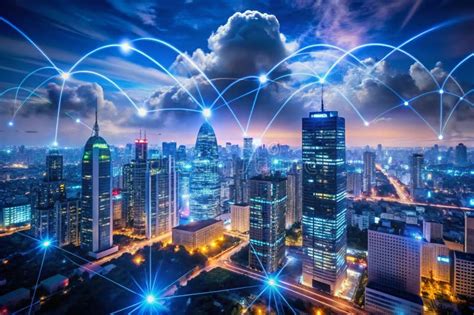 Nighttime Aerial View Of A Futuristic Drone City A Vision Of Urban Innovation And Technological