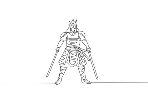 도장 센터 벡터에서 카타나 칼을 들고 있는 젊은 일본 사무라이 전사의 단일 선 그림 프리미엄 벡터