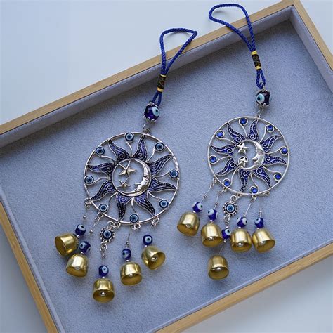 바람 차임 행잉 펜던트 블루 아이 벨 펜던트 스타 문 악마의 눈 장식 마크라메 방 벽 장식 야외 정원 Aliexpress