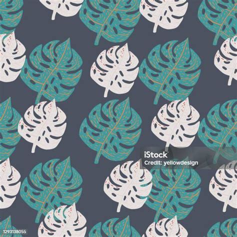 열대 몬스터 단풍 모양으로 장식 매끄러운 패턴 보라색 배경에 녹색과 흰색 잎 고풍스런에 대한 스톡 벡터 아트 및 기타 이미지 고풍스런 그리기 꽃 식물 Istock