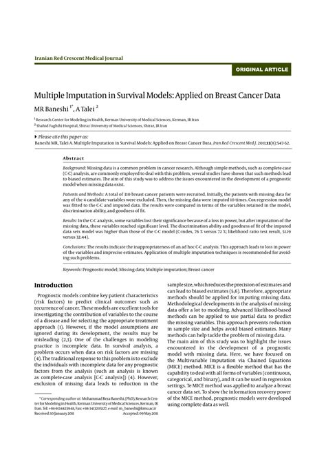 Pdf Multiple Imputation In Survival Models Applied On Breast Cancer Data