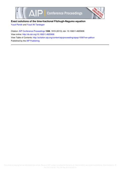 Pdf Exact Solutions Of The Time Fractional Fitzhugh Nagumo Equation