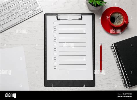 Clipboard With Checkboxes Cup Of Coffee Plant And Computer Keyboard