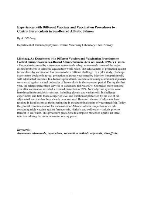 Pdf Experiences With Different Vaccines And Vaccination Procedures To Control Furunculosis In